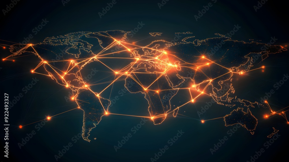 A digital map of the world with glowing connections between cities, representing global ...
