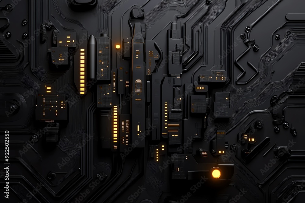 Abstract black circuit board with glowing yellow lights illustrating ...