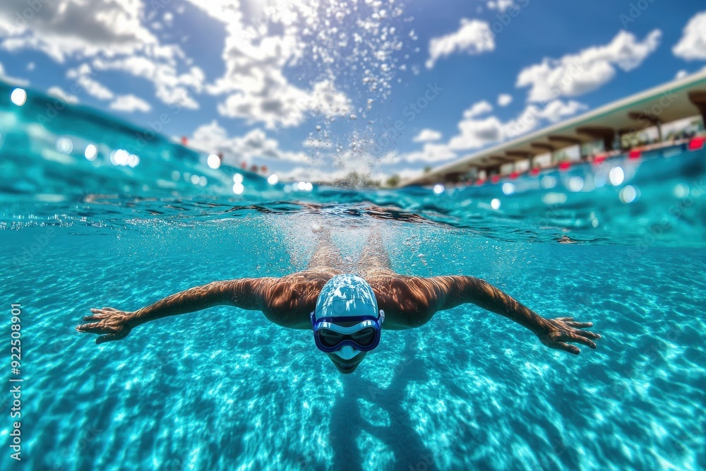 A swimmer dives into a clear blue swimming pool under a bright sunny ...