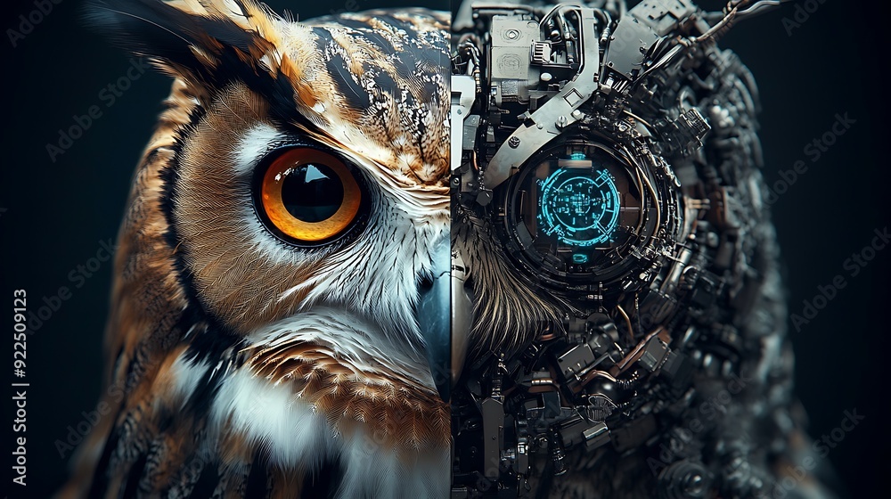 A close-up of an owl with one half transformed into a futuristic robot ...