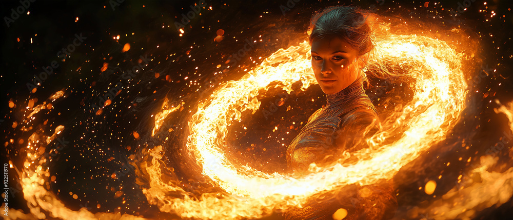 Inferno Fire Dance: A close-up of a mesmerizing fire dancer spinning ...