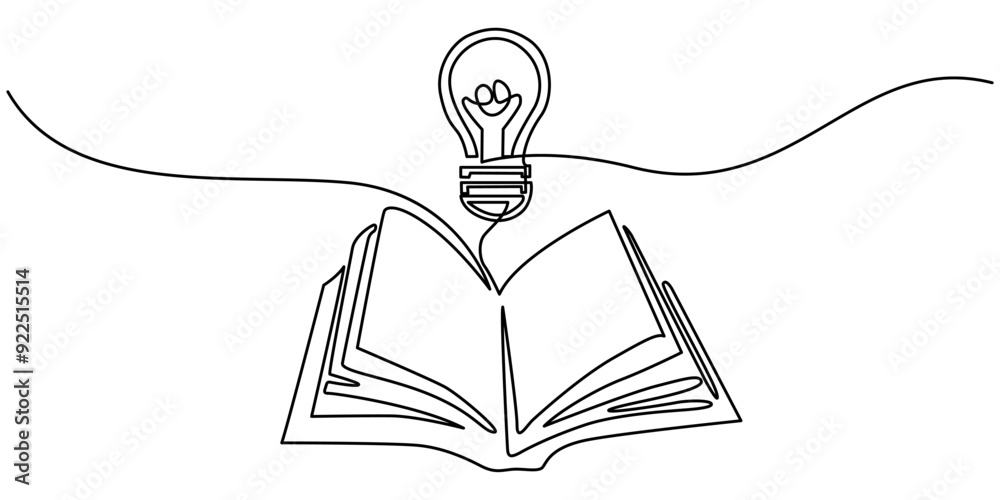 Light bulb above book continuous one line art drawing. Line drawing ...