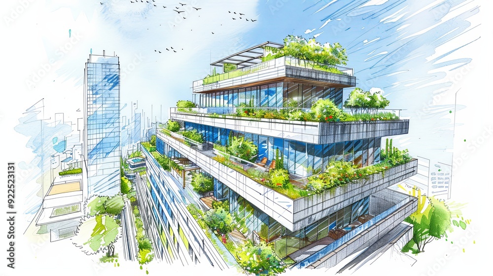 Architectural sketch of a modern high-rise building incorporating ...