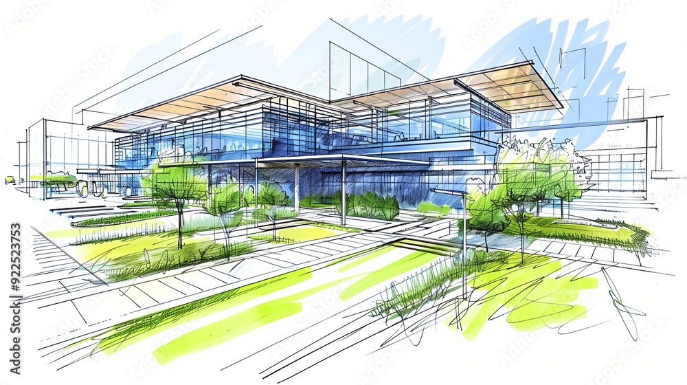 Detailed architectural sketch showing a modern office complex with a ...