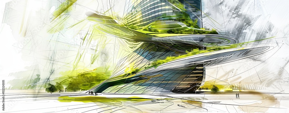Conceptual architectural sketch of a futuristic eco-friendly skyscraper ...