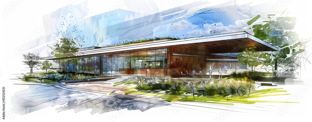 Conceptual sketch of a modern sustainable community center with green ...
