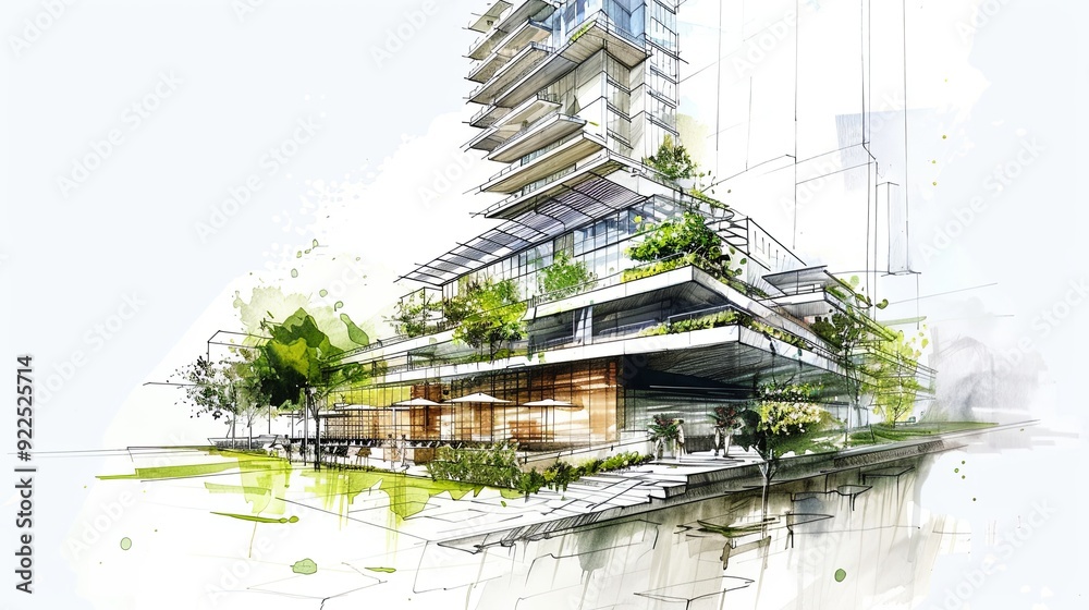 Architectural sketch of a modern high-rise building incorporating ...