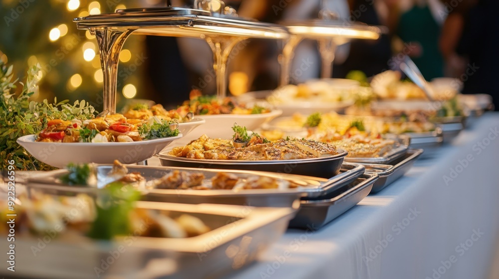 Elegant catering service setup with neatly arranged dishes, decorative ...