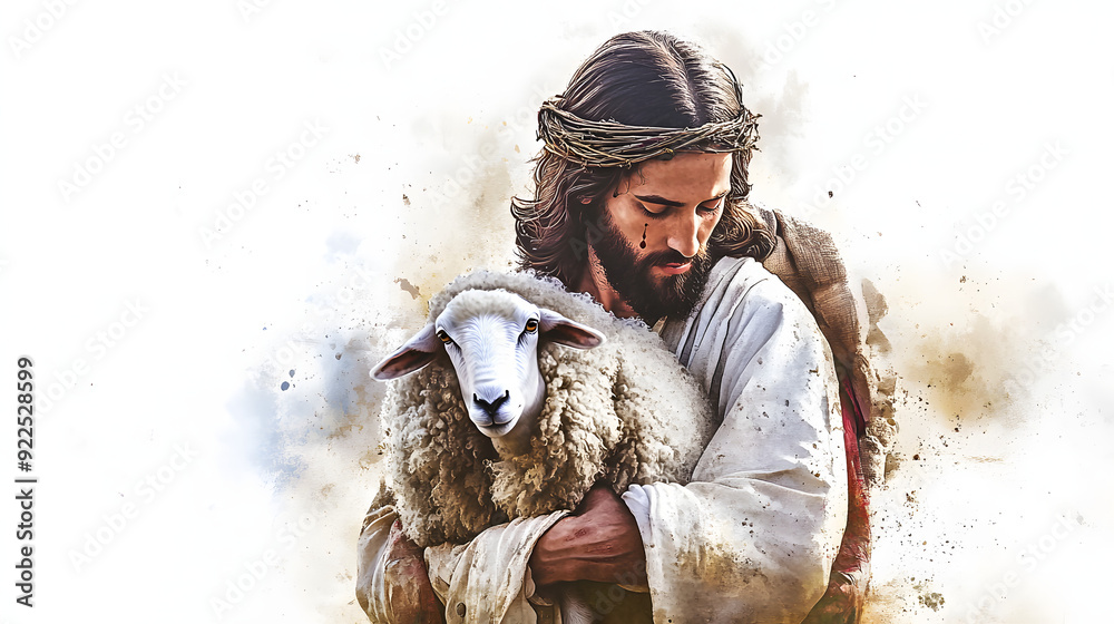 Jesus tenderly carries the lost sheep on his shoulders in a digital ...