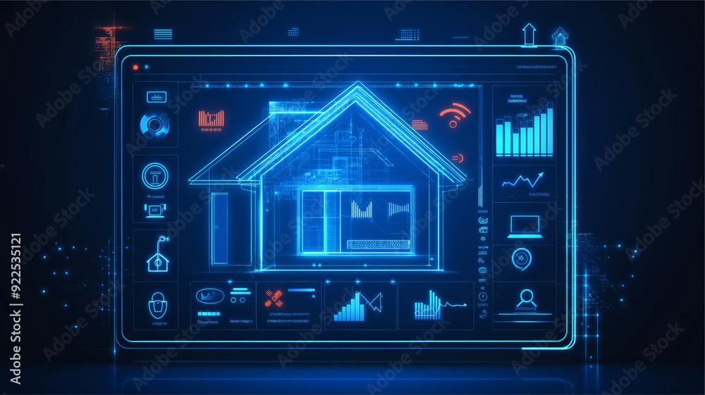Futuristic home automation interface on digital screen with various ...