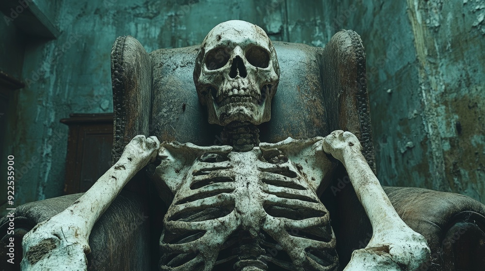 Weathered Human Skeleton Resting in a Dusty, Abandoned Armchair ...