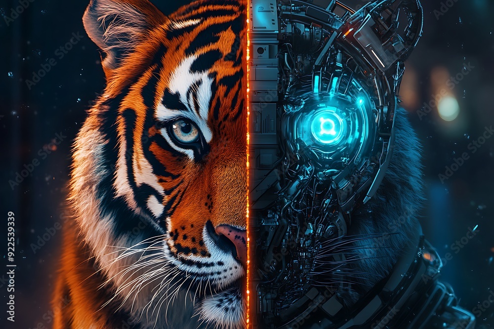 A tiger's face is split in half, one side is a normal tiger, the other ...
