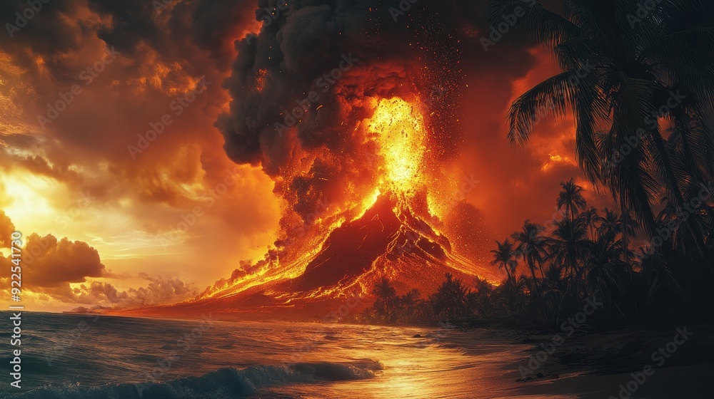A dramatic scene of a volcano erupting on a tropical island, with palm ...