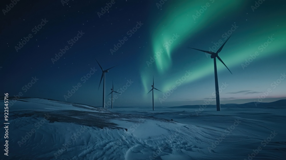 Wind turbines beneath the northern lights, background with copyspace ...