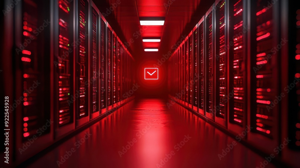 Red warning symbols flashing over a secure server room, depicting a ...