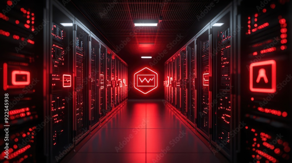 Red warning symbols flashing over a secure server room, depicting a ...