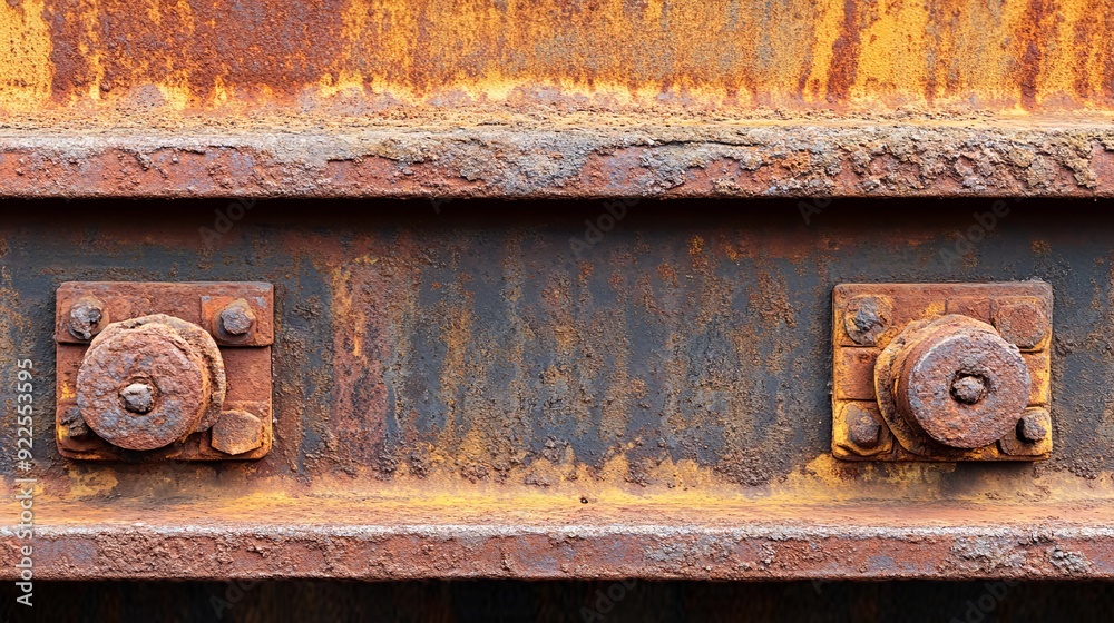 Detailed view of the cross-sectional area of a rusty railroad rail ...