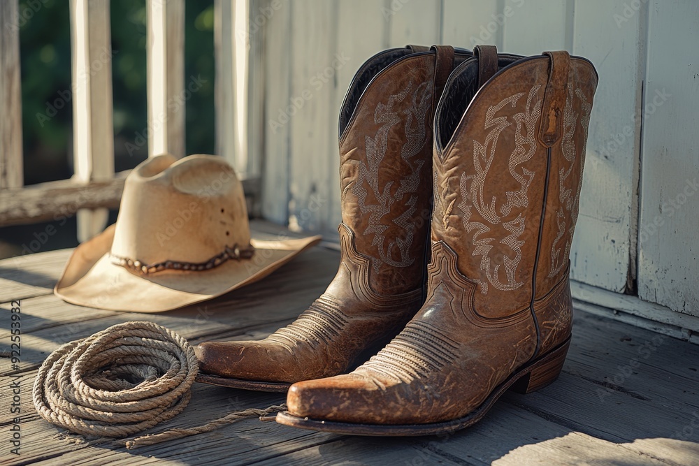 Worn leather cowboy boots rest on a sunbleached wooden porch ...