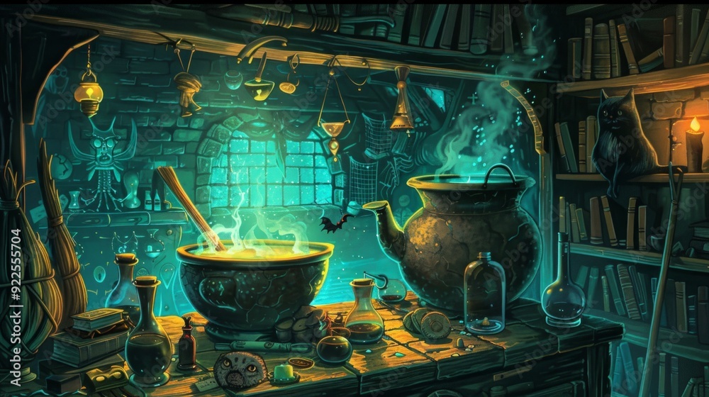 Create a detailed image of a witch's lair filled with bubbling ...