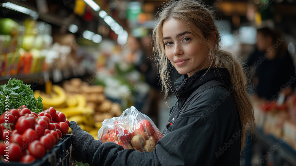 A volunteer helping an elderly person with grocery shopping, carrying ...