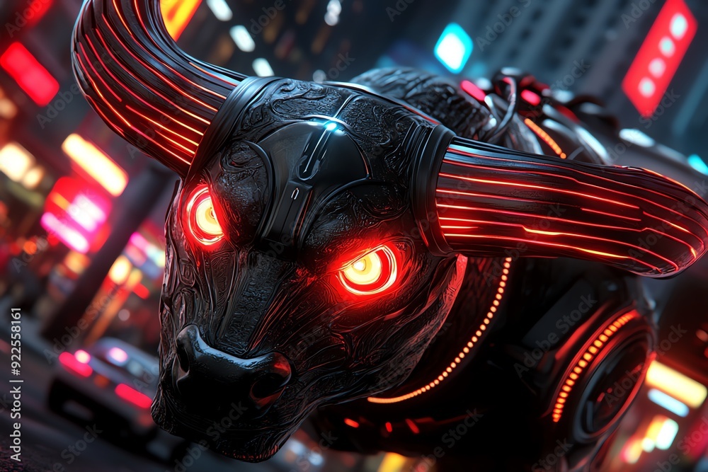 Futuristic robotic bull with glowing red eyes in a neon-lit urban ...