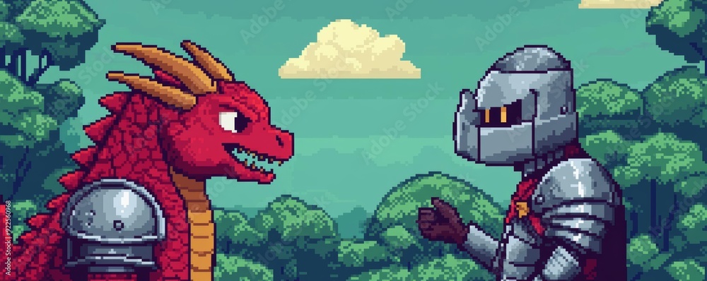 A pixel art knight and dragon having a friendly conversation in a ...