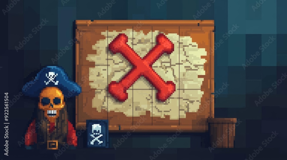 A pixel art pirate treasure hunt with a map, clues, and a big X marking ...