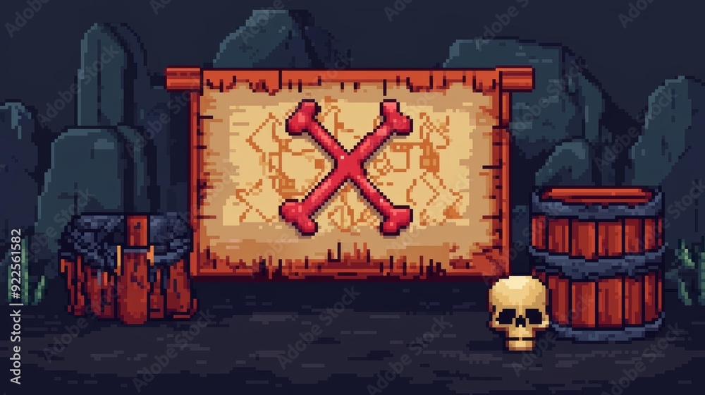 A pixel art pirate treasure hunt with a map, clues, and a big X marking ...
