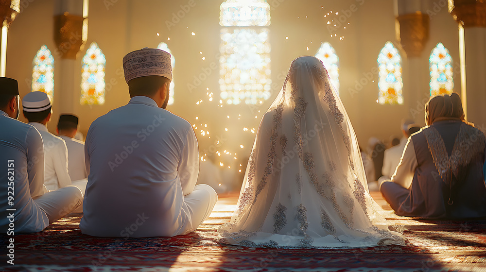 Islamic wedding ceremony at mosque Bride and groom sitting in mosque at a Muslim wedding ...