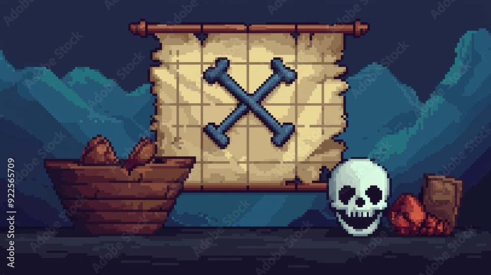 A pixel art pirate treasure hunt with a map, clues, and a big X marking ...