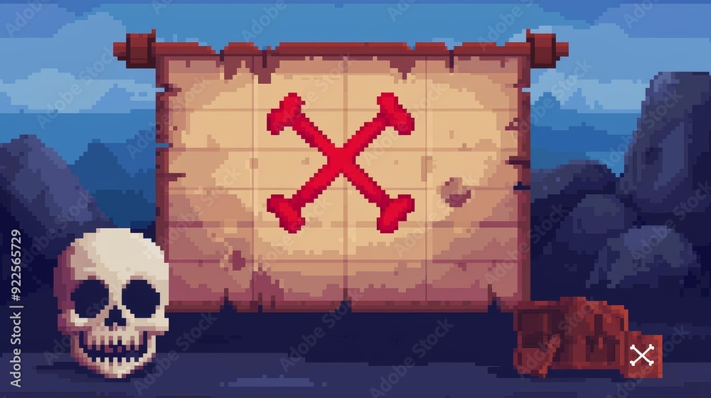 A pixel art pirate treasure hunt with a map, clues, and a big X marking ...