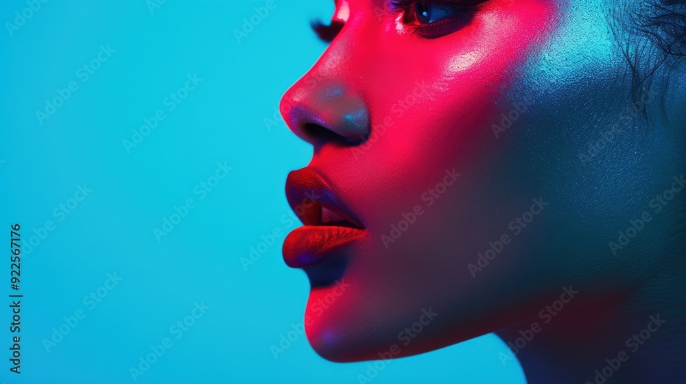 A dramatic neon makeup look, emphasizing the model's eyes and lips with ...