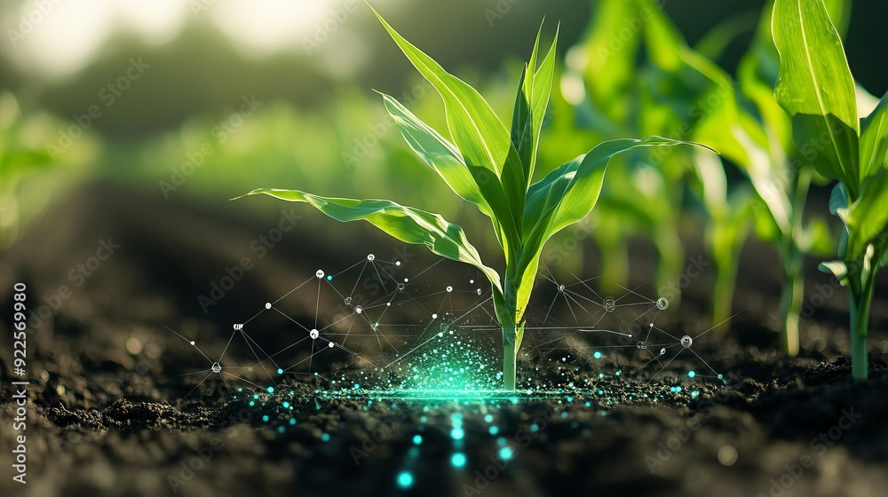 Smart farming with IoT technology, showcasing a growing corn seedling ...