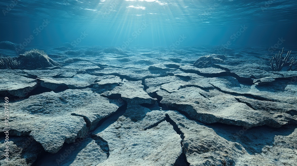 Parched ocean floor with deep cracks and exposed coral reefs. Stock ...