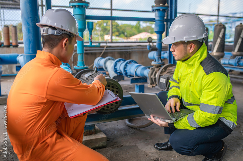 Engineer and technician maintenance checking technical data of system ...