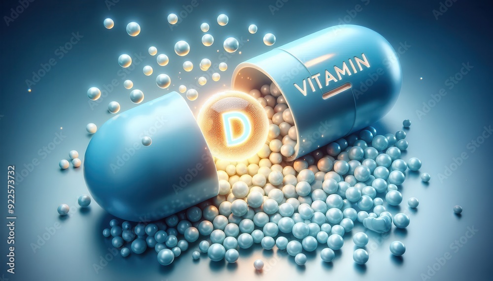 Open blue capsule with a glowing "Vitamin D" sphere and scattered white ...