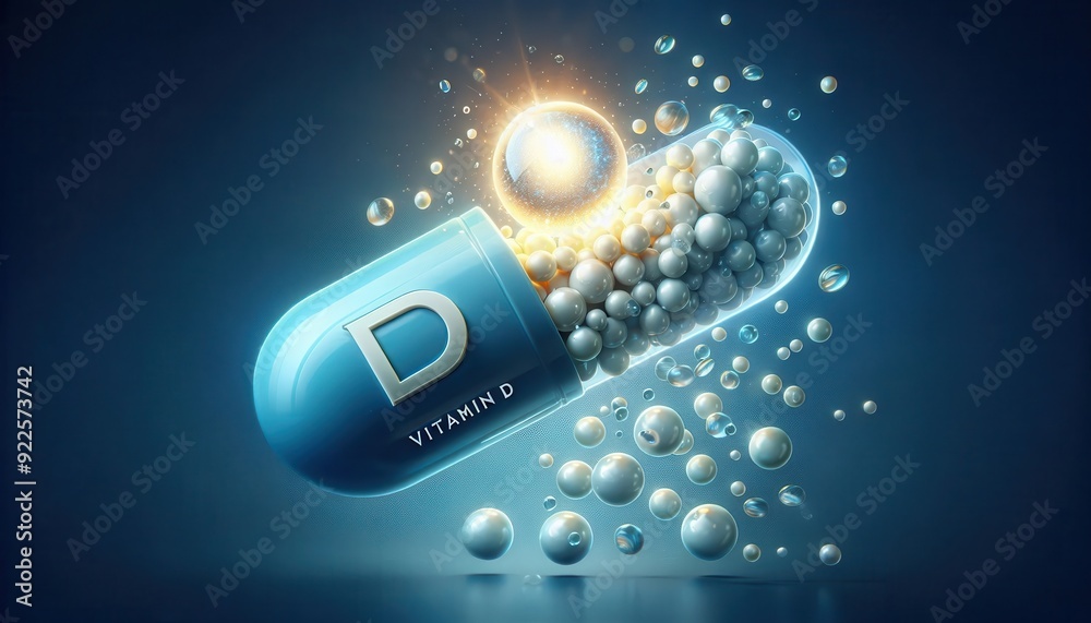 Blue capsule labeled "Vitamin D" releasing glowing spheres and a "D ...