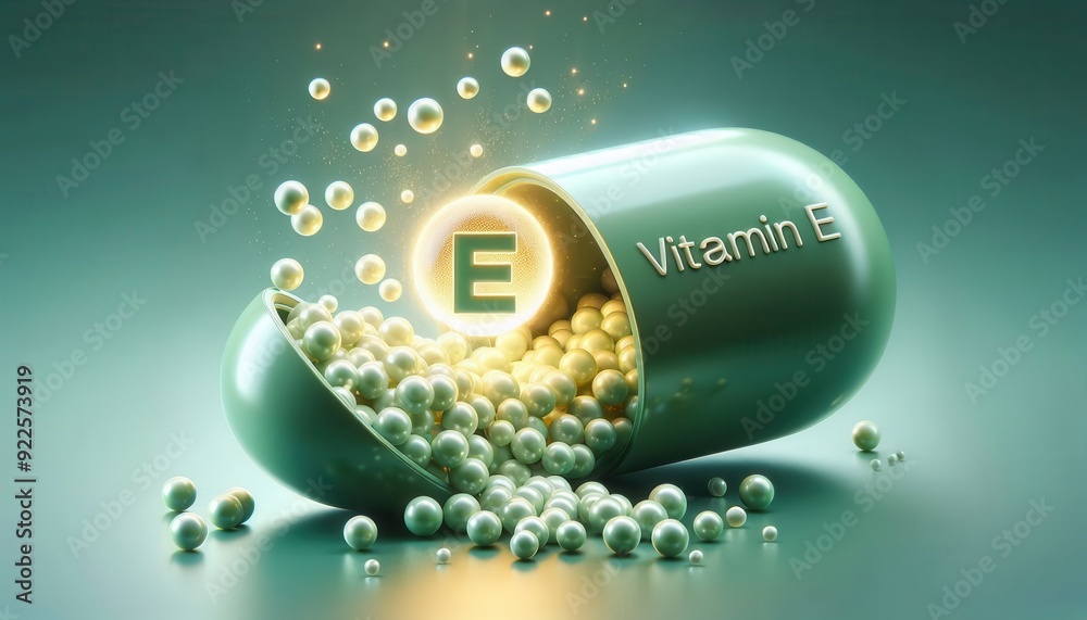 Green capsule labeled "Vitamin E" opened, releasing glowing spheres and ...