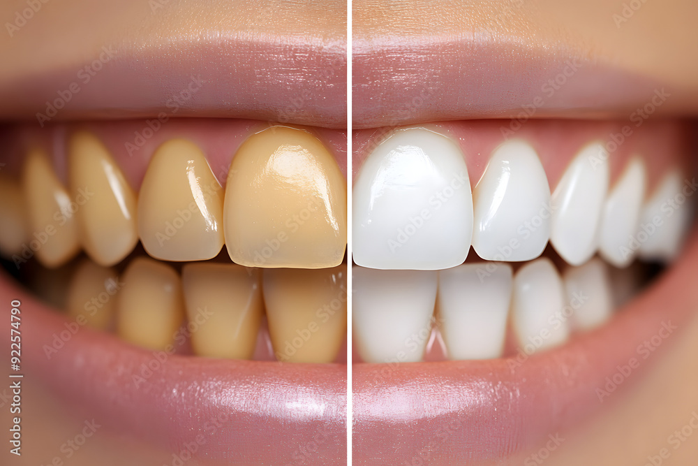 Close-up split image showing the before and after results of teeth ...
