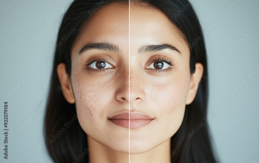 Female face before and after, from acne-prone to clear skin. Effect of ...