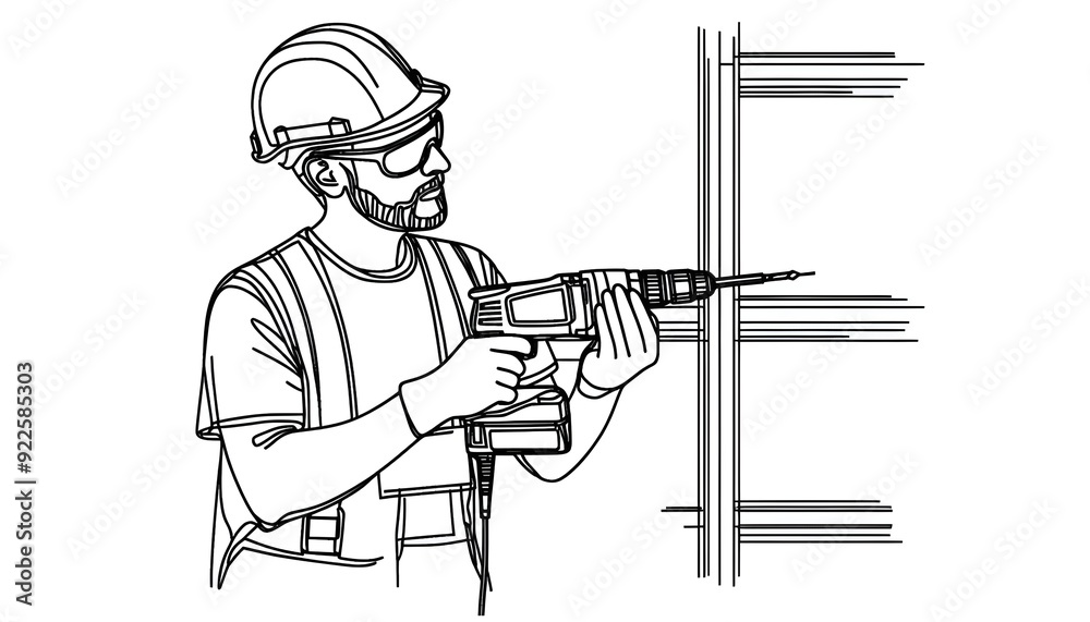 Single line drawing of a construction worker using a power drill on a ...