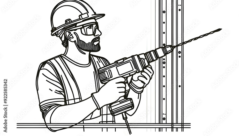 Single line drawing of a construction worker using a power drill on a ...