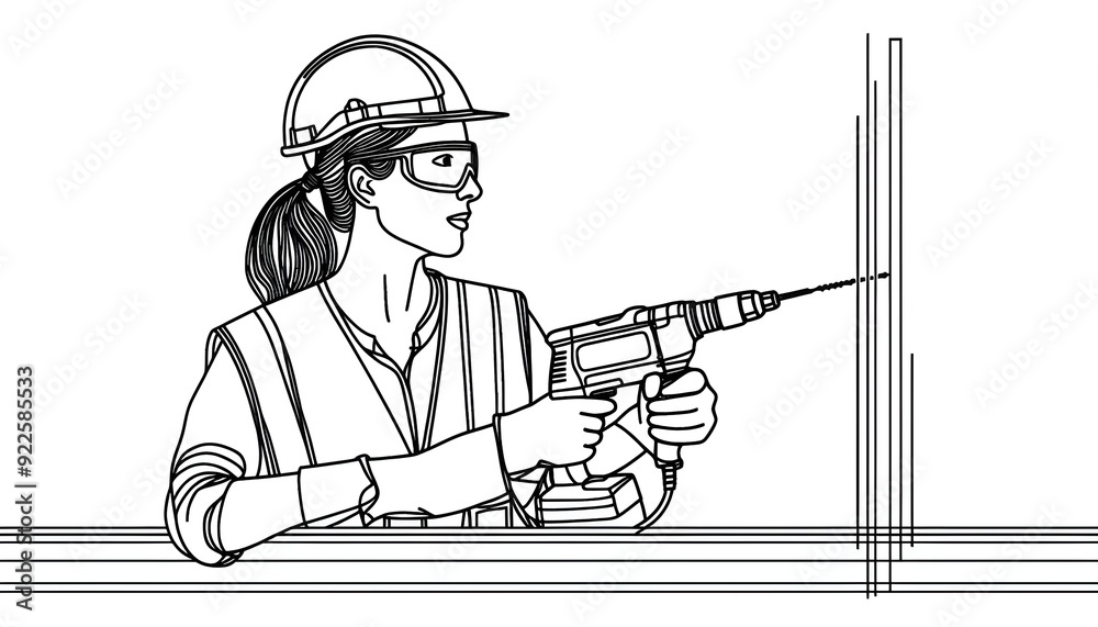 Single line drawing of a construction worker using a power drill on a ...