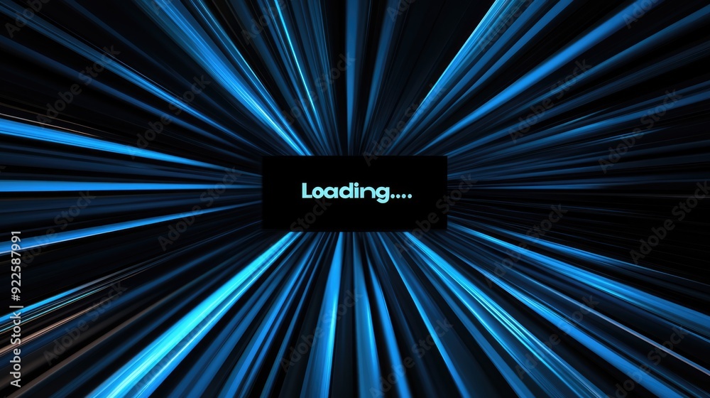 Loading word on black digital tech background. Blue lines on monitor ...