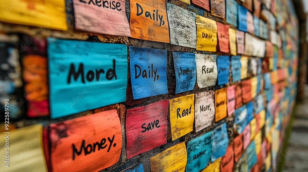 Sticky notes on a wall used for personal goal setting, tracking ...