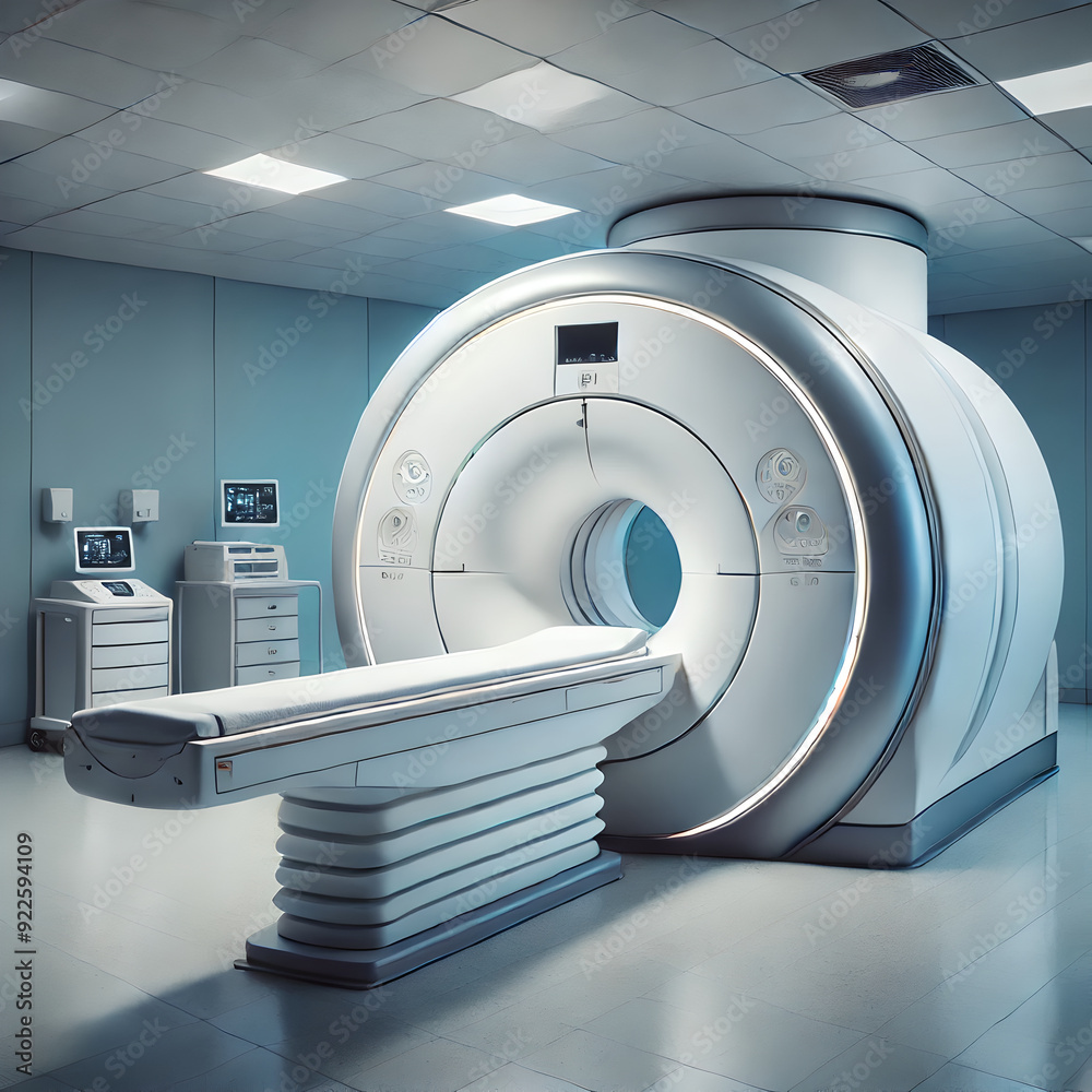 A photograph of the interior of an MRI room in hospital: Scanner and X ...