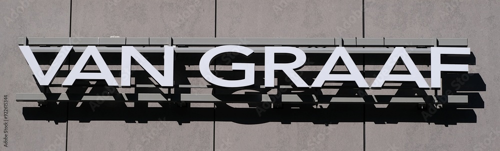 Gdansk, Poland - 14 August 2024: Van Graaf logo on gray wall of ...