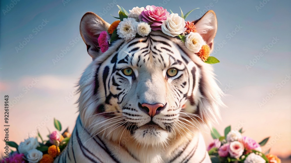 A captivating image of a white tiger adorned with a vibrant flower ...
