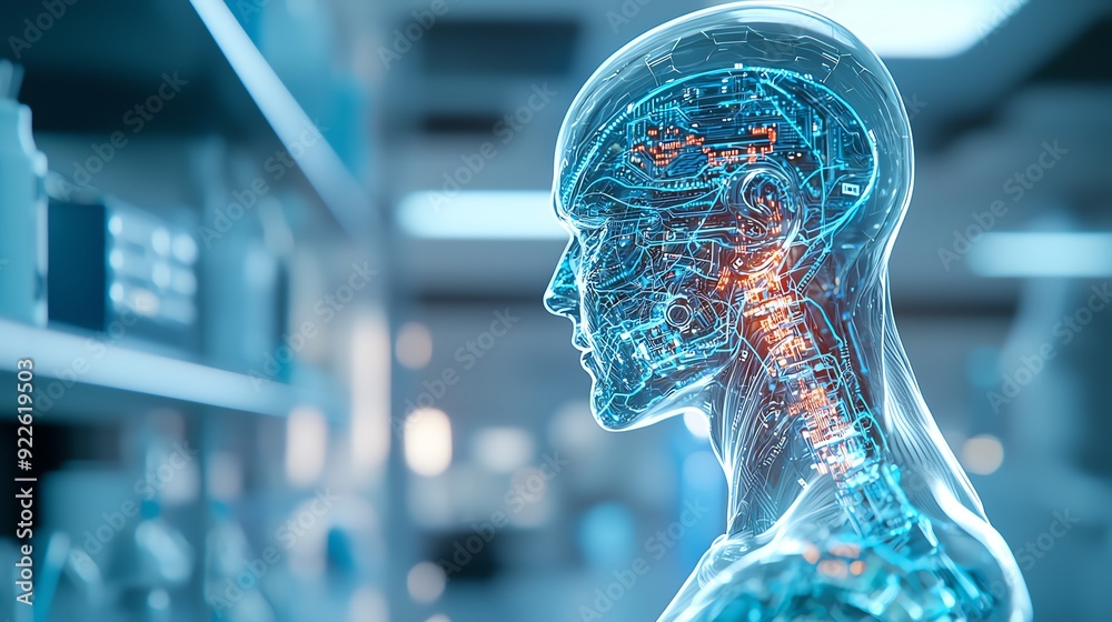 Hyper-realistic CGI image of a cybernetic human with visible internal circuitry, standing in a ...