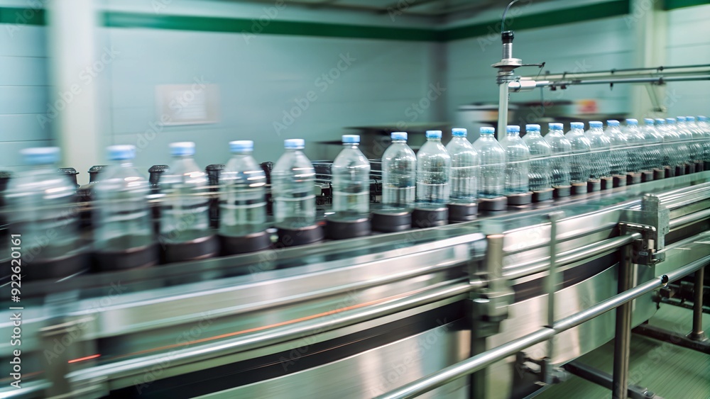High-speed production line with plastic water bottles moving on a ...